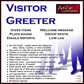 Second Life Marketplace - ArtiZan Visitor Greeter (low lag, multi-function, auto email reports)